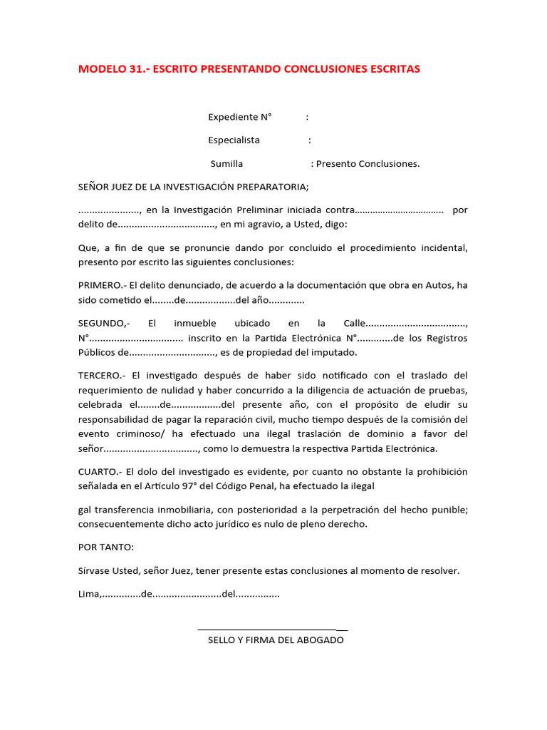Modelo 31. - Escrito Presentando Conclusiones Escritas | PDF