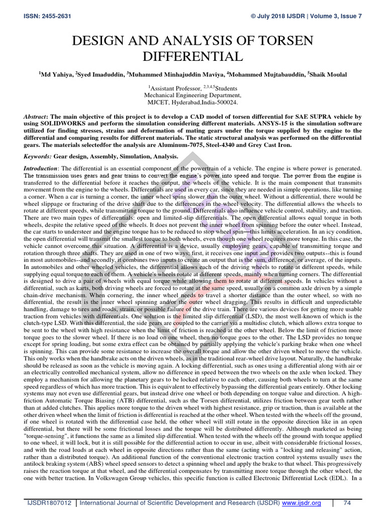 Design and Analysis of Torsen Differential | PDF