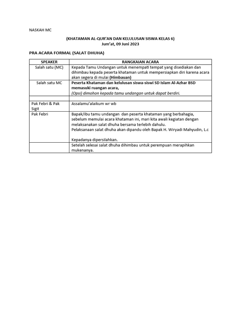 Naskah MC Khataman Al-Qur'an 2023 | PDF
