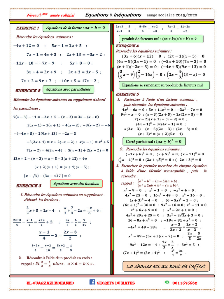 Exercices Corrigés Équations 3ème | PDF | Algèbre générale | Équations
