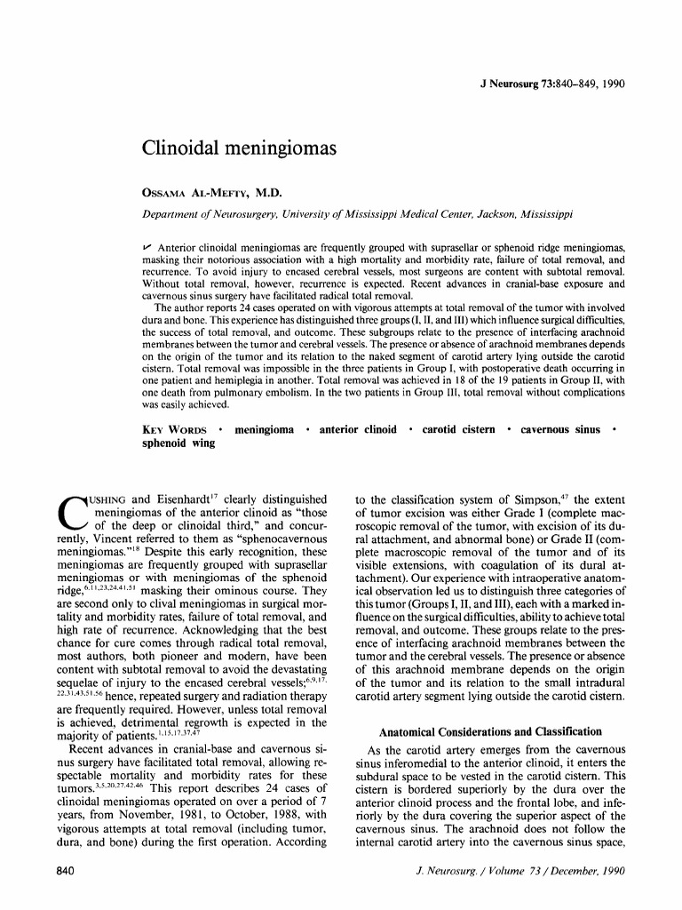 AL MEFTY Clinoidal Meningiomas | PDF | Common Carotid Artery | Clinical ...