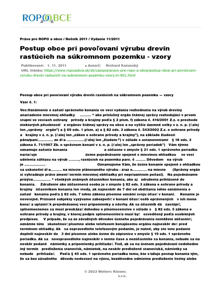 Postup Obce Pri Povolovani Vyrubu Drevin Rastucich Na Sukromnom Pozemku Vzory | PDF