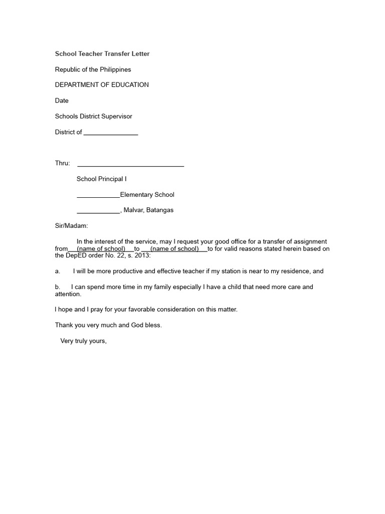 School Teacher Transfer Letter Template | PDF | Wellness