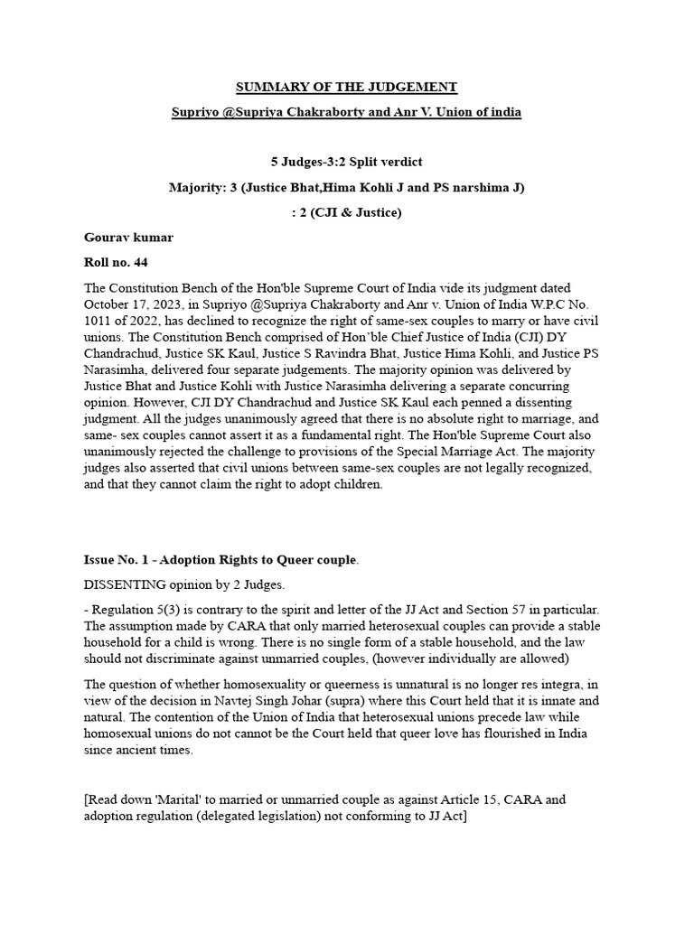 Research Assignment Judgement Summary GOurav Kumar Roll 44 | PDF | Social Science | Law