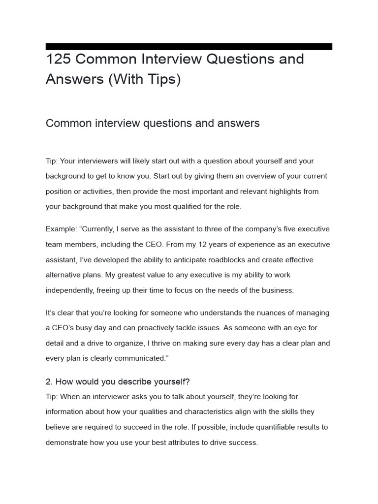 125 Common Interview Questions and Answers (With Tips) | PDF ...
