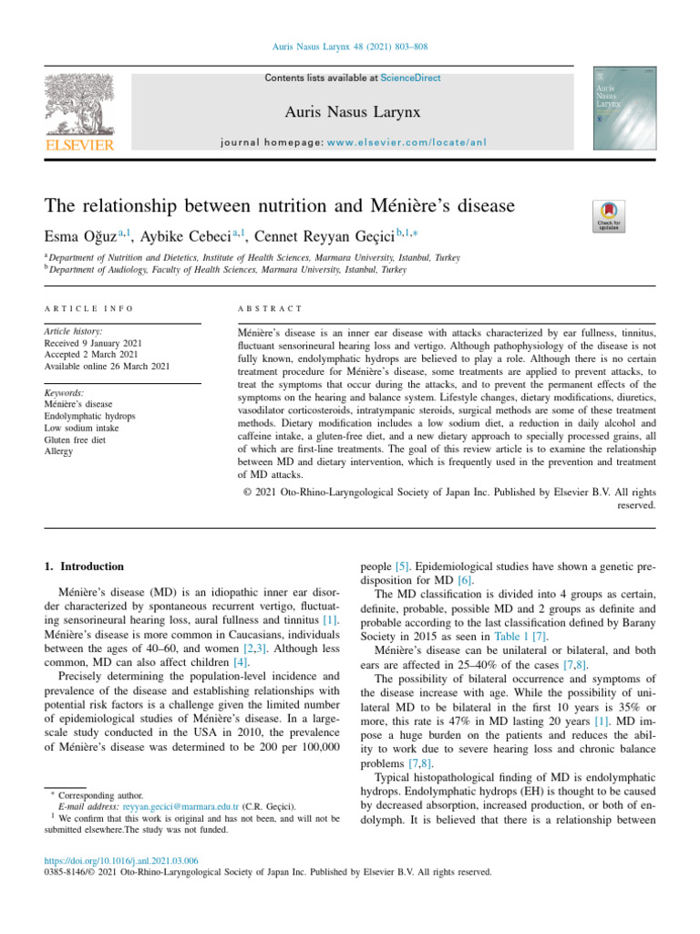 The Relationship Between Nutrition and Ménière's Disease: Auris Nasus ...