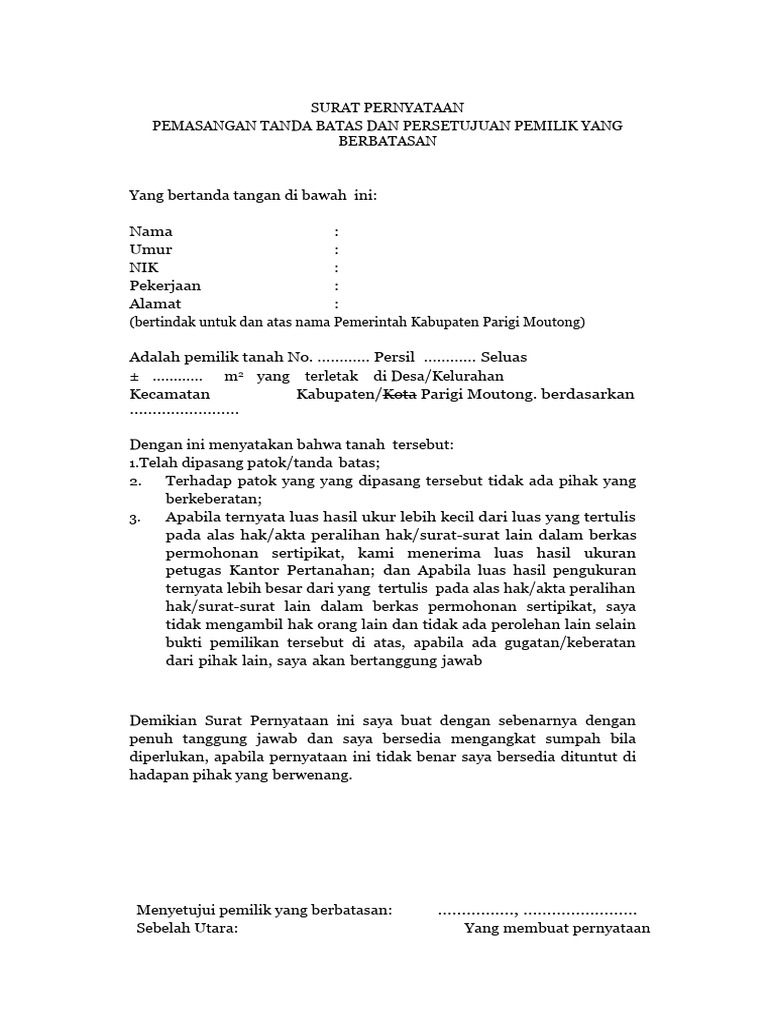 SURAT PERNYATAAN PEMASANGAN TANDA BATAS (Edit) | PDF