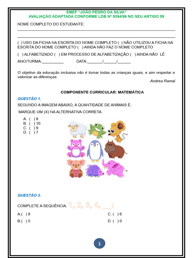 Prova DE MATEMÁTICA ADAPTADA | PDF