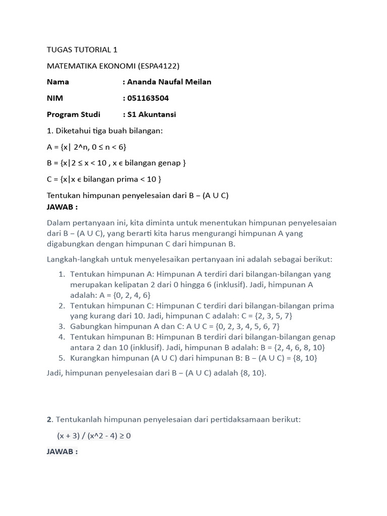 Tugas Tutorial 1 Matematika Ekonomi | PDF