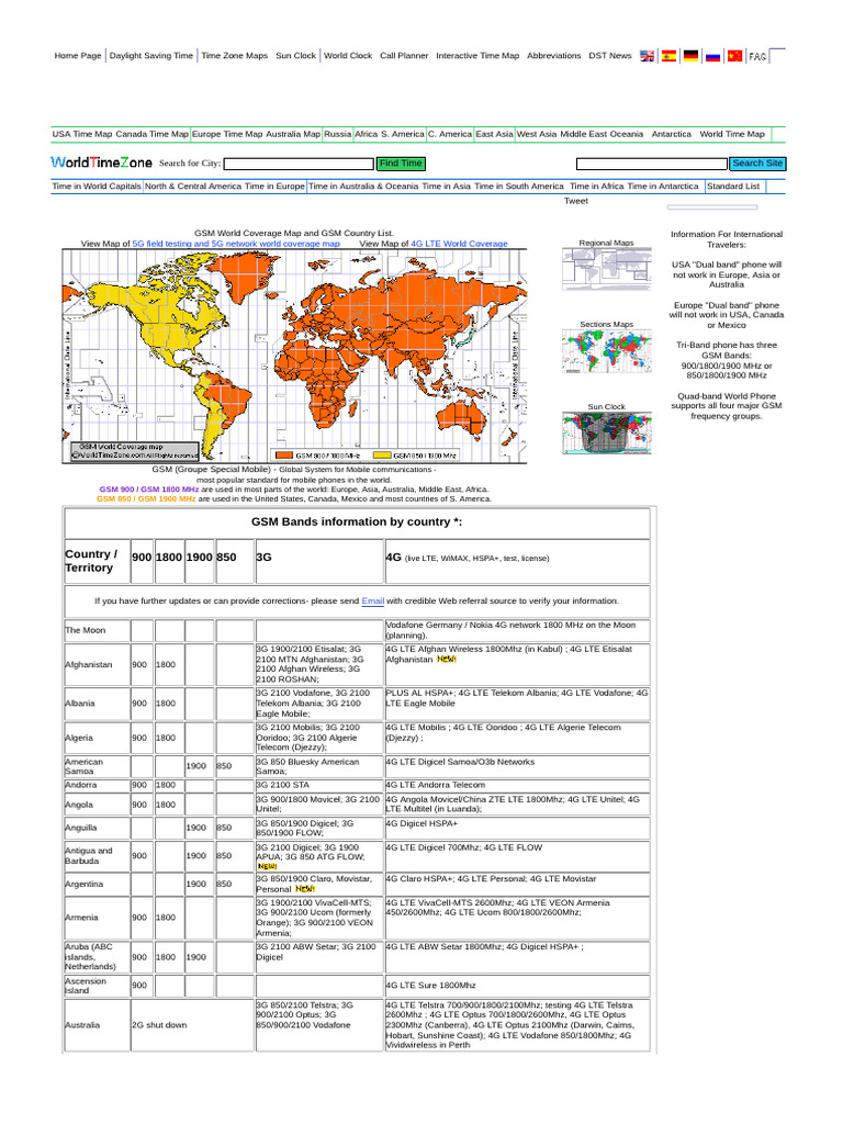 GSM World Coverage Map - GSM Country List by Frequency Bands | PDF