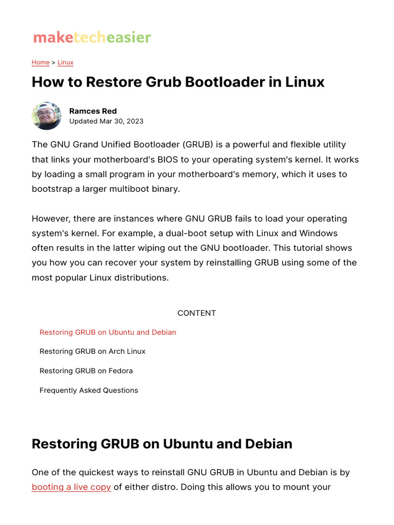 How To Restore Grub Bootloader In Linux Make Tech Easier Pdf
