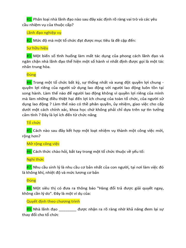 Câu hỏi TN ôn tập môn QTH | PDF