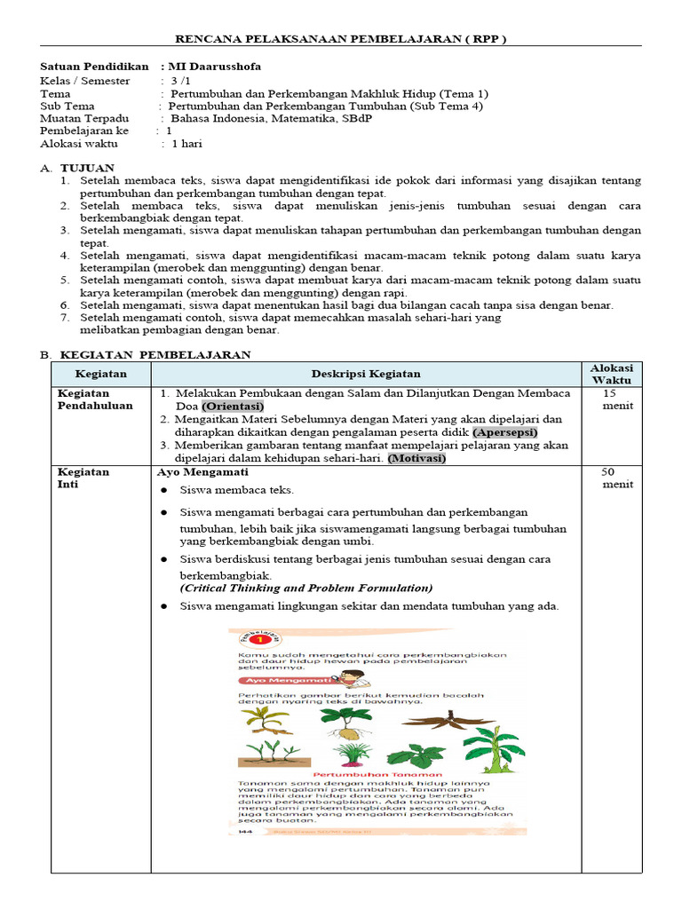 RPP Kelas 3 Tema 1 Subtema 4 | PDF