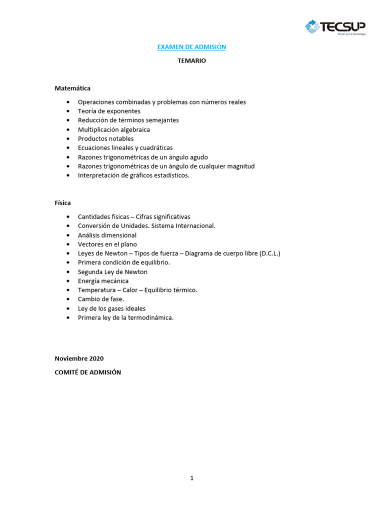 Temario Examen Admisión | PDF