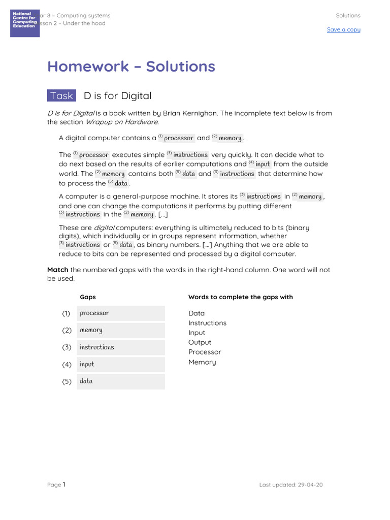 L2 Homework Solutions - Computing Systems - Y8 | PDF | Central Processing Unit | Input/Output