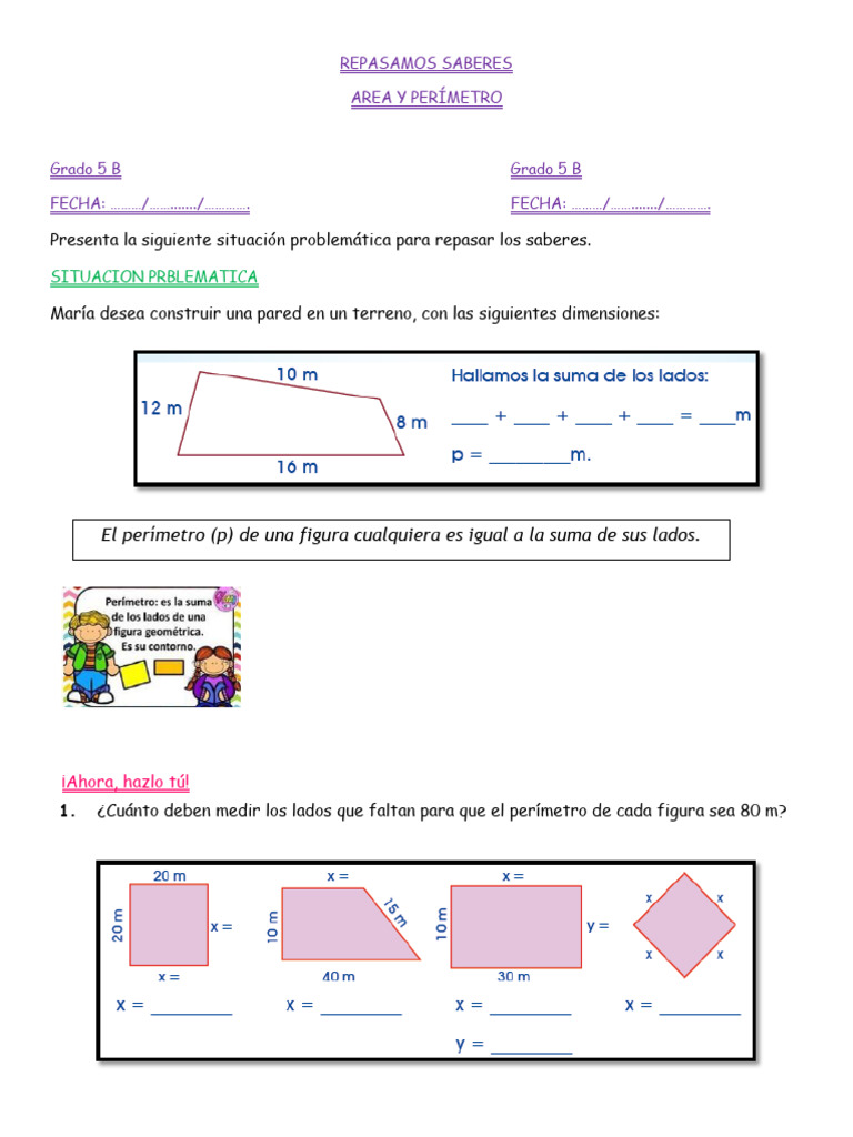 Problemas de Área y Perímetro para Primaria | PDF