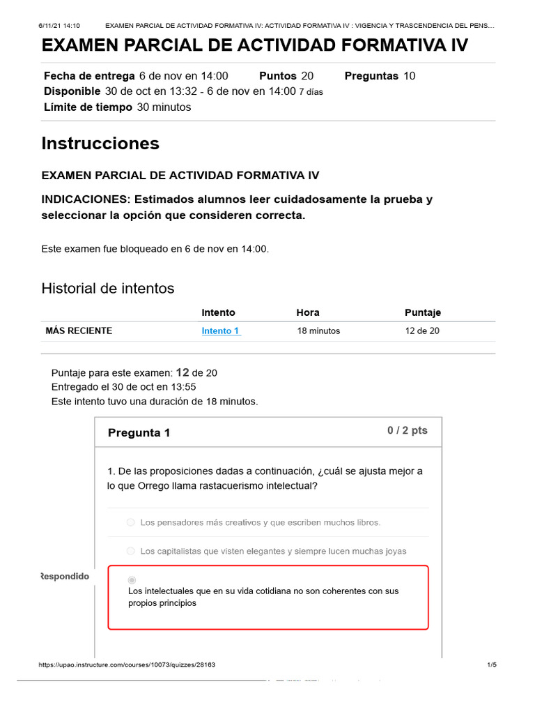 Examen Parcial de Actividad Formativa IV Actividad Formativa IV Vigencia y Trascendencia Del ...