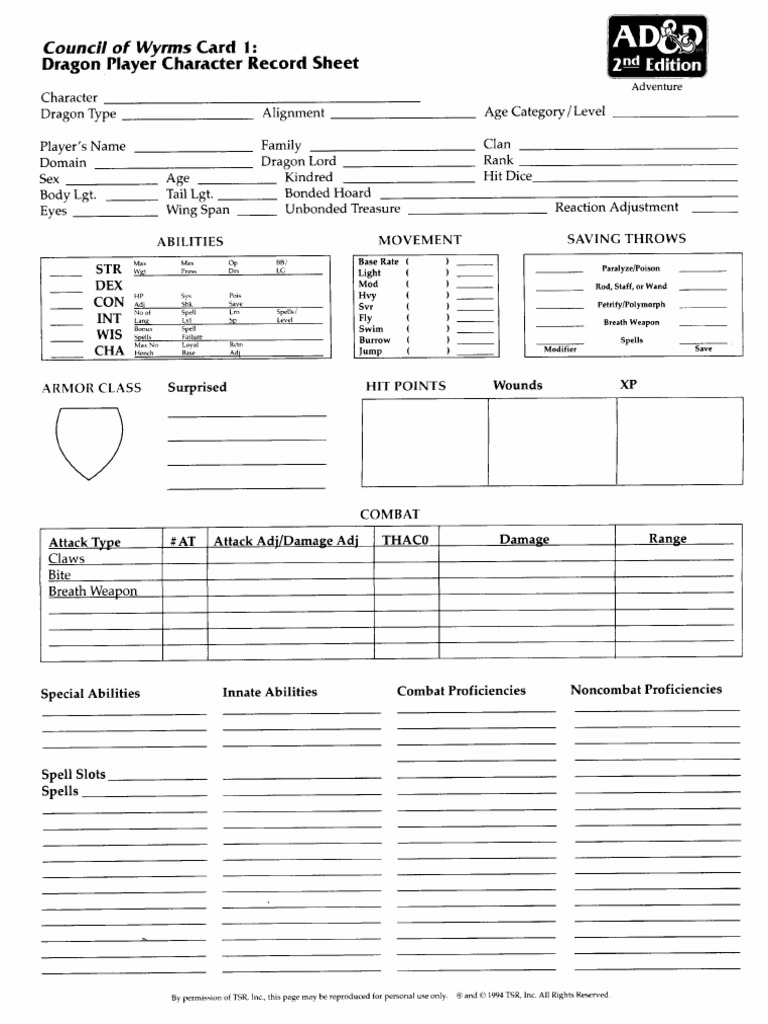 AD&D 2E Council of Wyrms Character Sheet | PDF