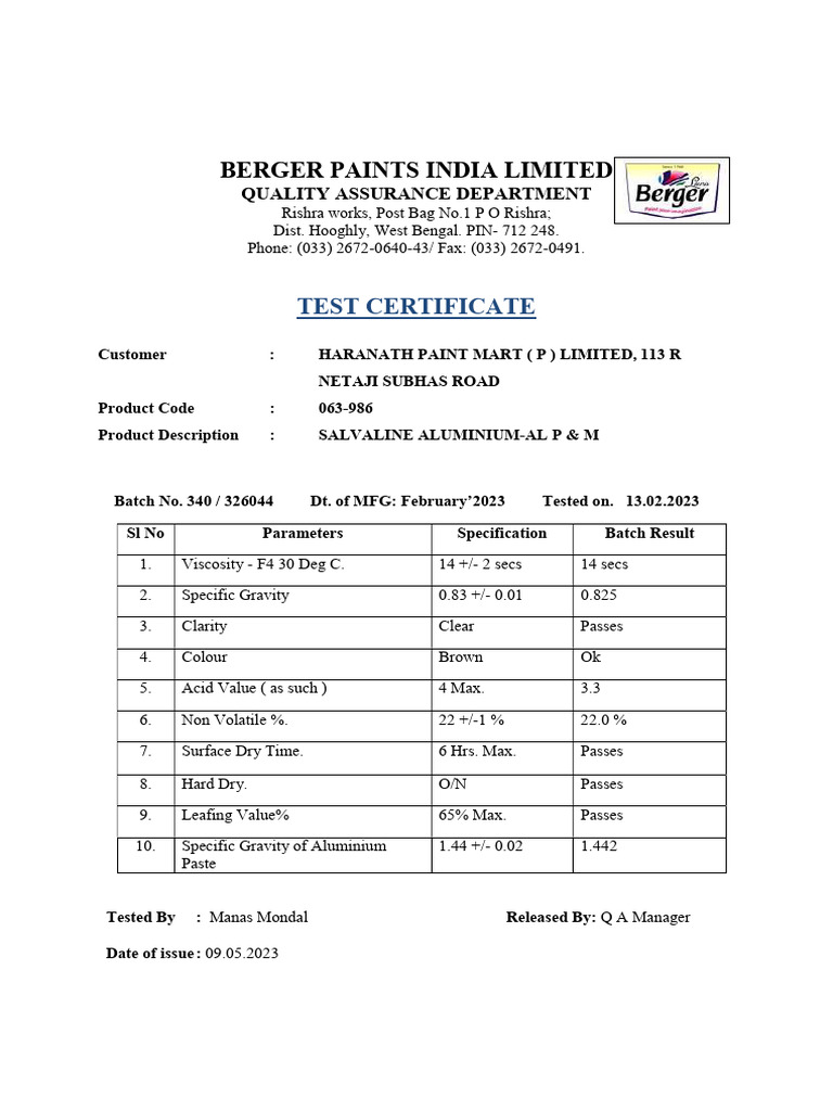 Berger Paints India Limited: Test Certificate | PDF