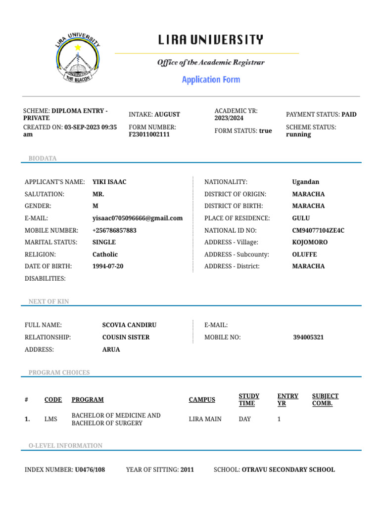 Lira University Application Form | PDF