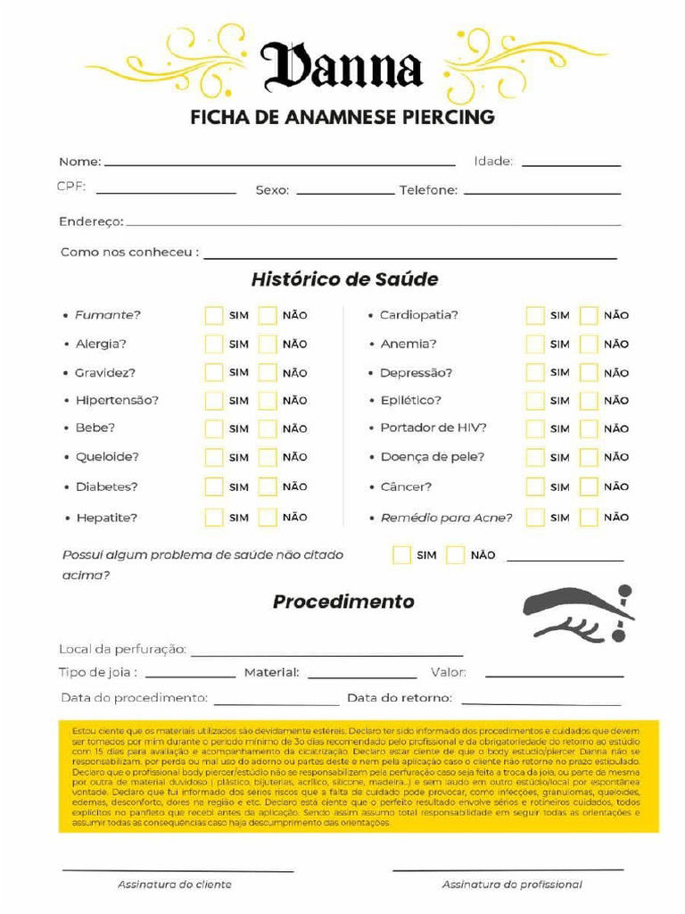 Anamnese Piercing Novo | PDF