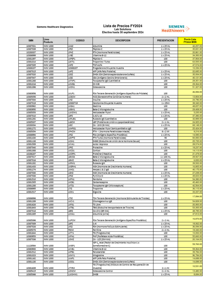 Siemens Healthcare Lab Solutions - Lista de Precios FY2024 IMM 1000 | PDF