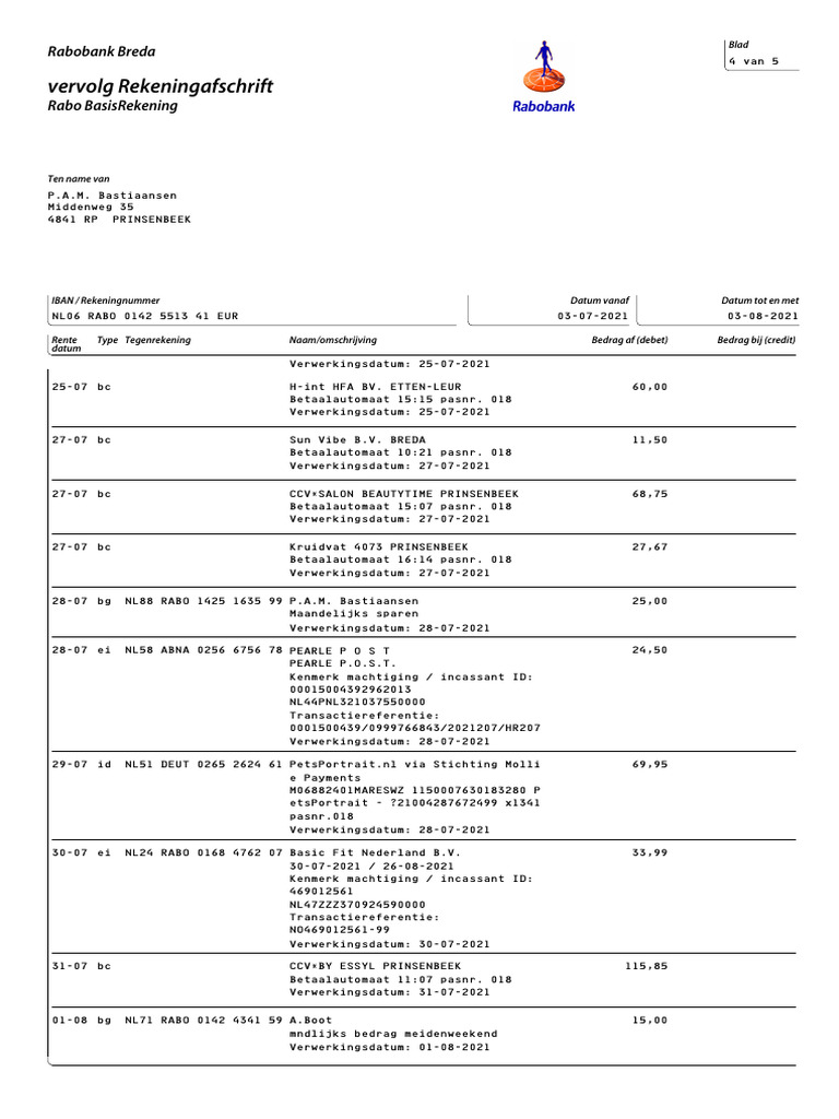 Vervolg Rekeningafschrift: Rabobank Breda Rabo Basisrekening | PDF