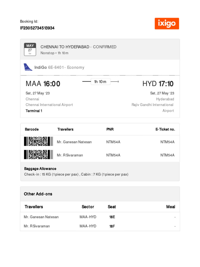 Chennai to Hyderabad Flight Ticket | PDF