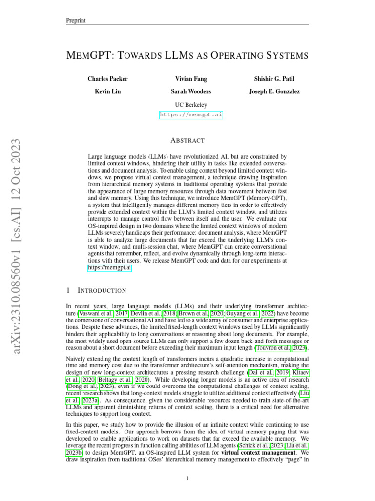 MemGPT - Towards LLMs As Operating Systems - 2310.08560 | PDF | Computer Data Storage ...