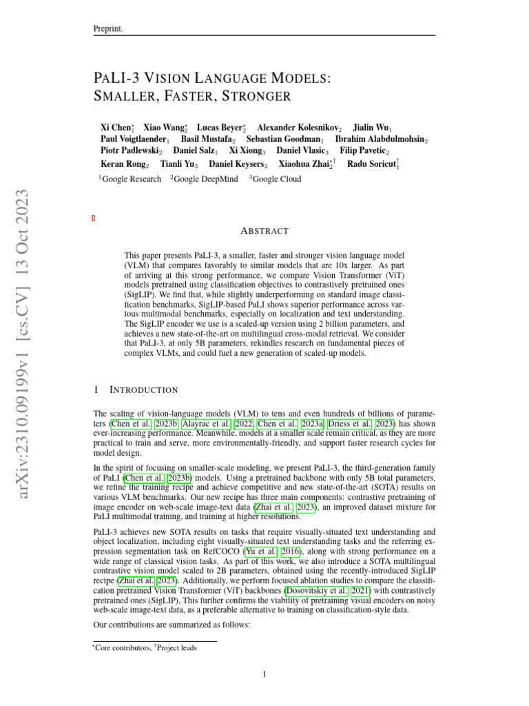 PaLI-3 Vision Language Models - Smaller, Faster, Stronger - 2310.09199 ...