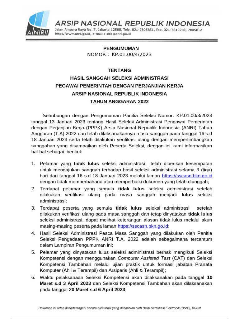 Pengumuman Nomor Kp.01.0042023 Tentang Hasil Sanggah Seleksi Administrasi Pegawai Pemerintah ...