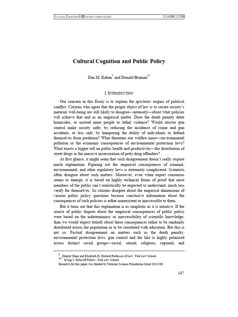 Cultural Cognition in Public Policy Analysis | PDF
