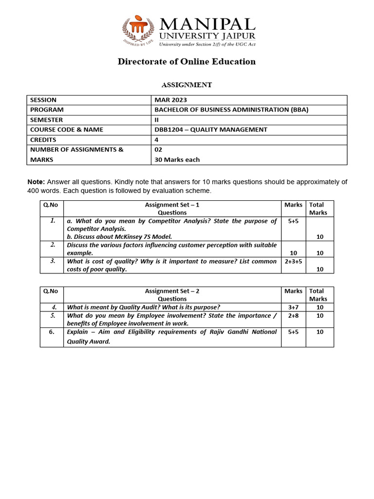 Assignment - DBB1204 - BBA 2 - Set-1 and 2 - Mar - 2023 MUJ | PDF ...
