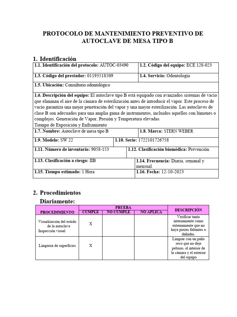 Protocolo de Mantenimiento Preventivo de Autoclave de Mesa Tipo B | PDF