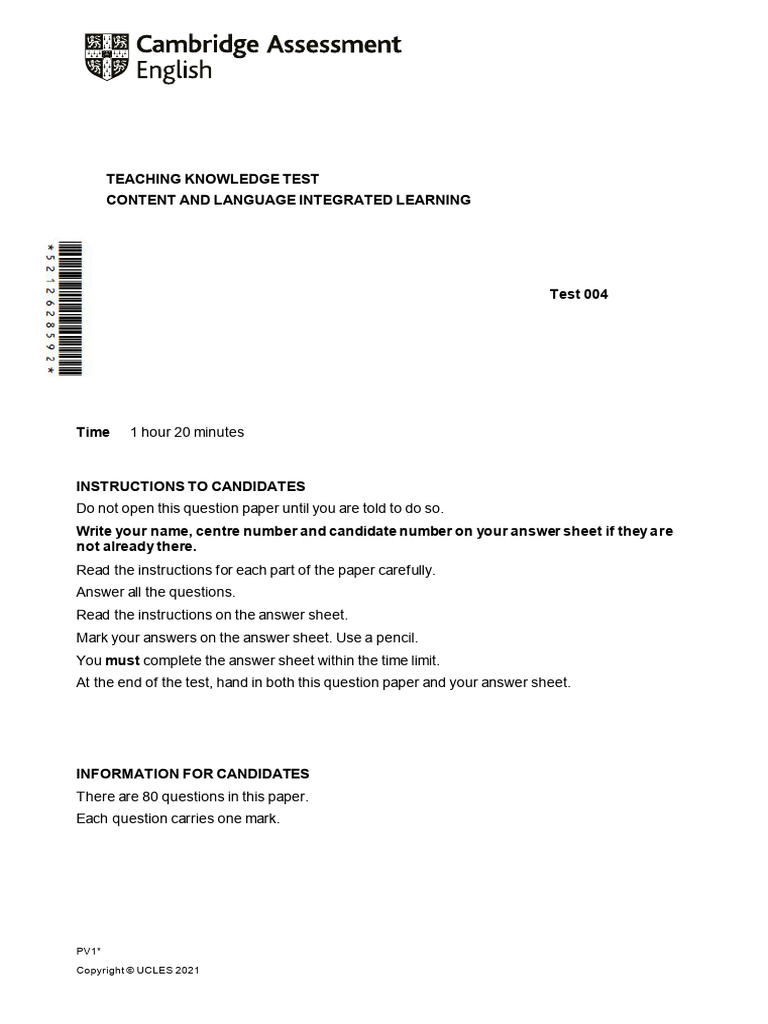 TKT Clil Sample Paper | PDF | Learning | Question
