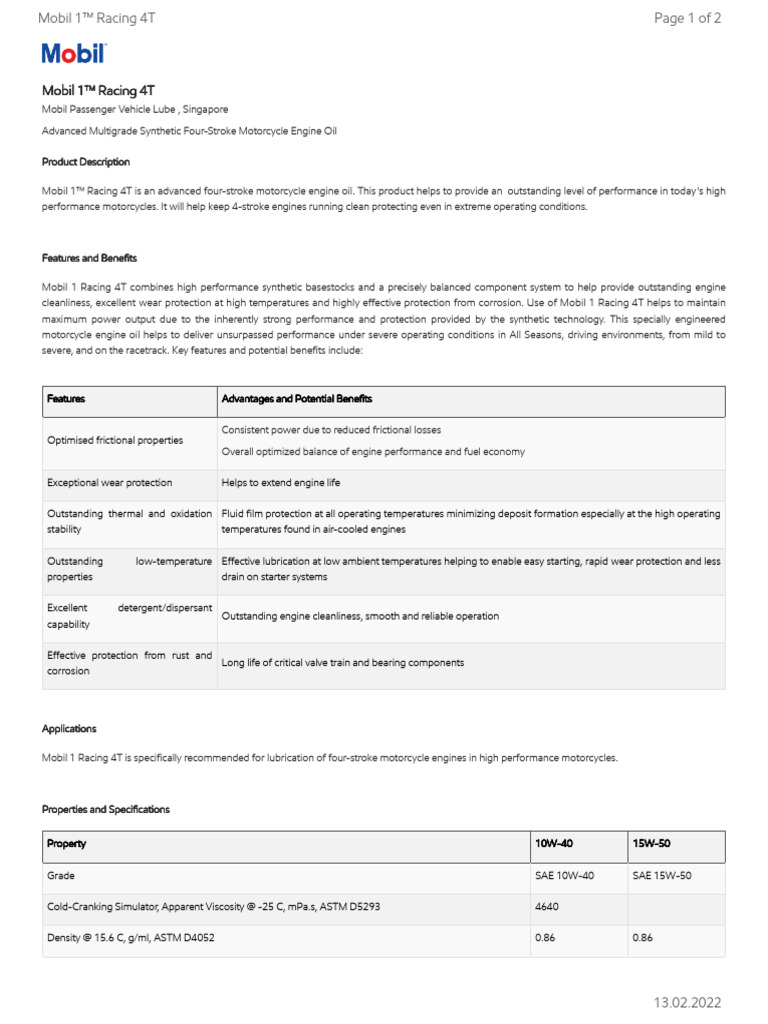 GL XX Mobil1 Racing 4T | PDF | Motor Oil | Engines