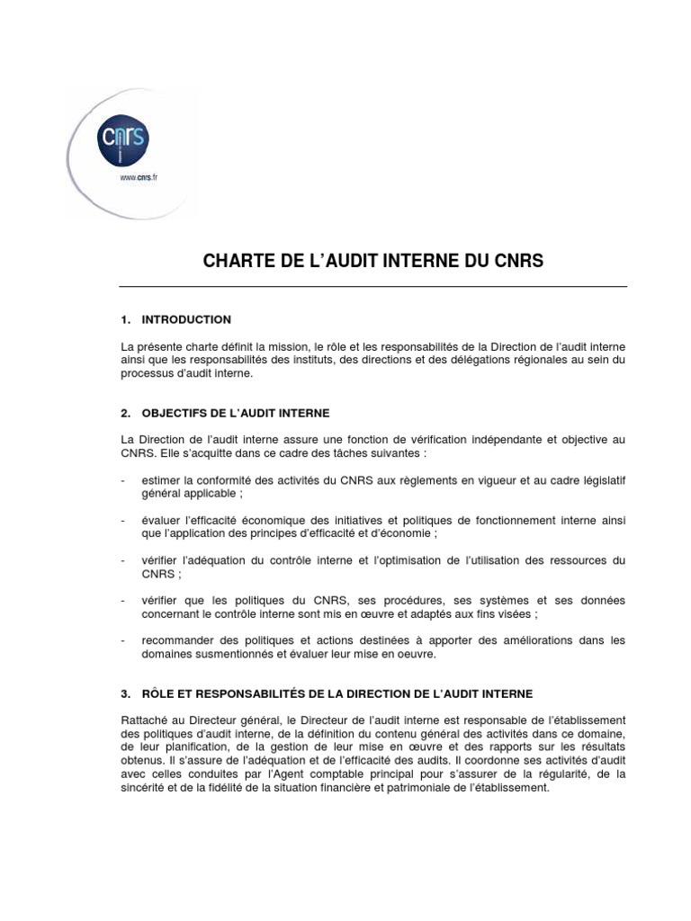 Charte Audit Interne CNRS | PDF | Audit interne | Audit