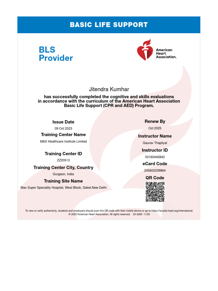 American Heart Association BLS Certification | PDF