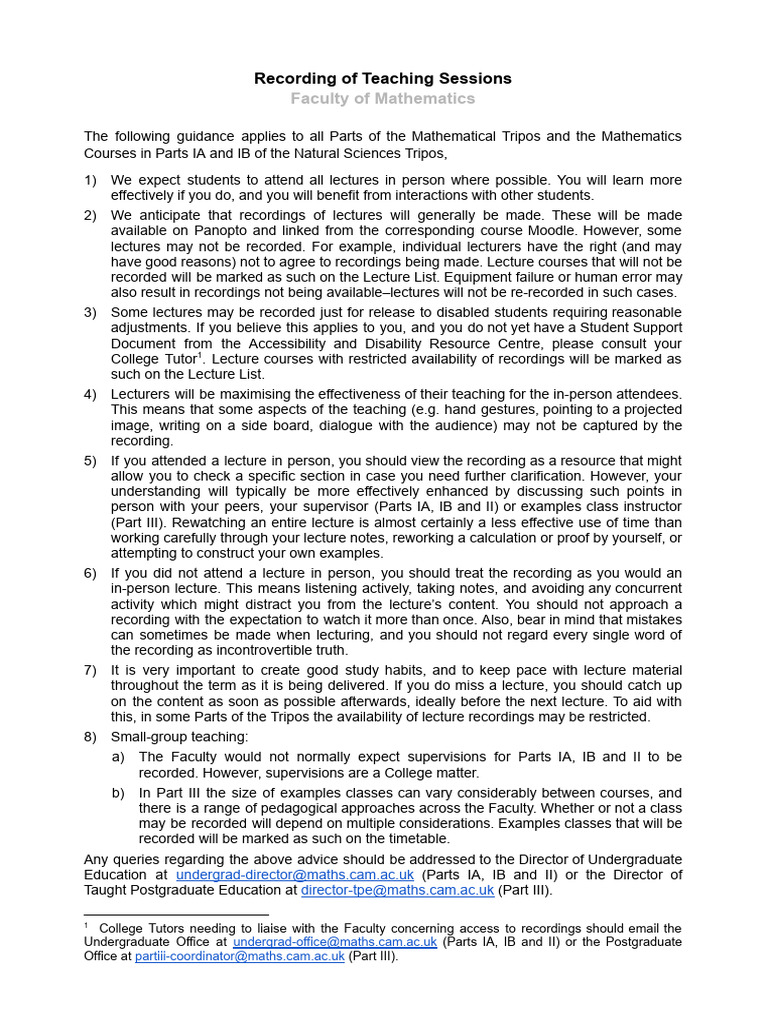 Faculty Statement On Recording of Teaching Sessions | PDF