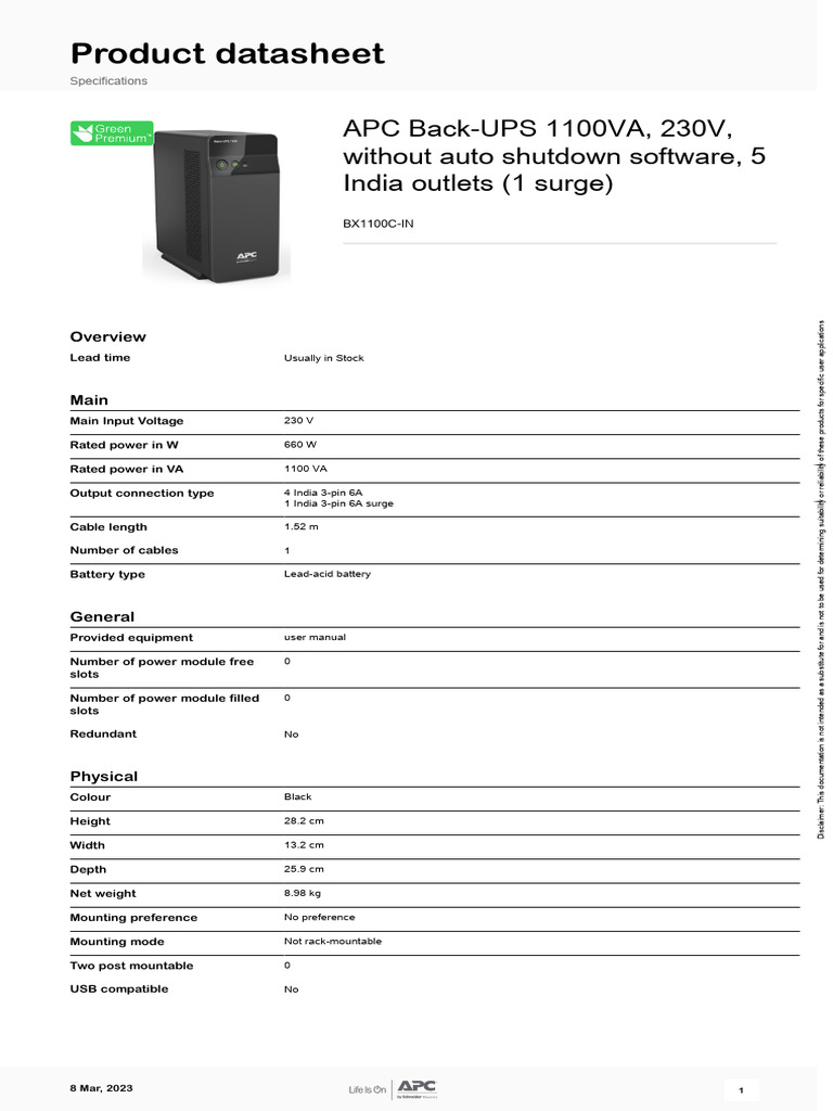 APC BX1100C-IN UPS Specifications | PDF | Mains Electricity | Electronics