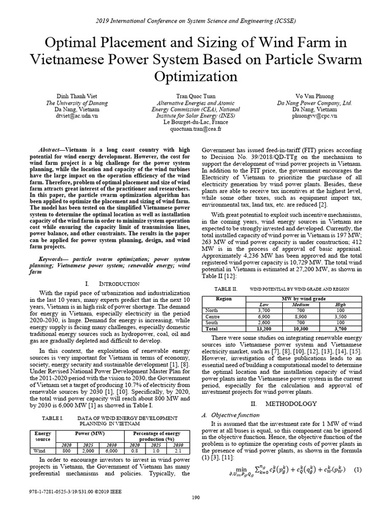 Optimal Placement And Sizing Of Wind Farm In Vietnamese Power System Based On Particle Swarm 