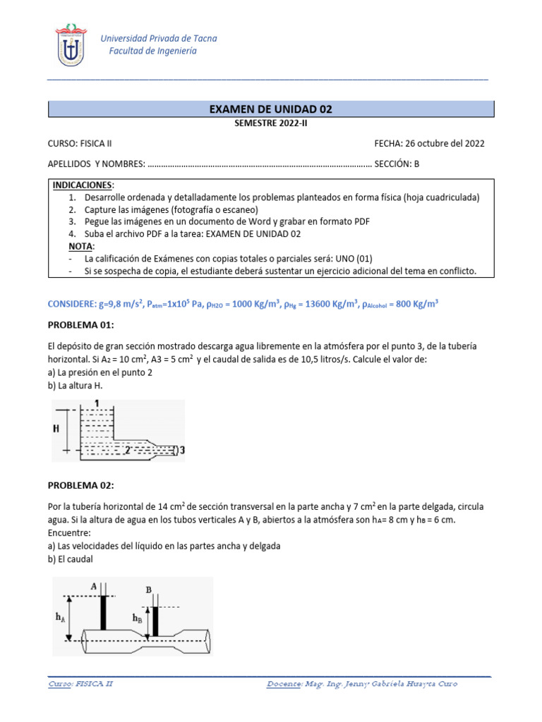Examen de Unidad 02-f2 B 2022-II | PDF | Gases | Física Aplicada e Interdisciplinaria