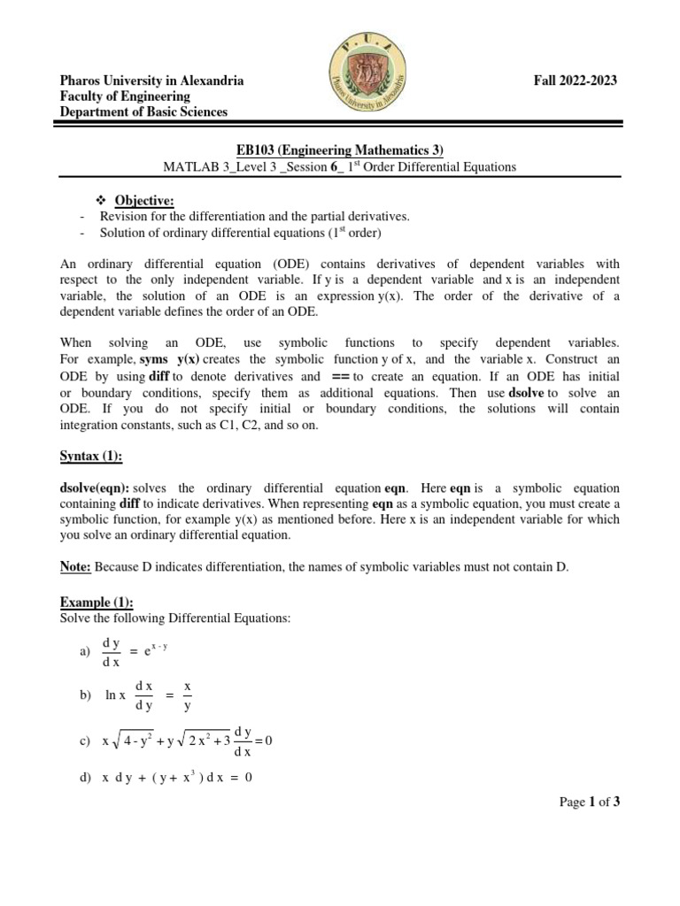 EB103 - Math 3 - MATLAB 3 - Session 6 - 1st Order Differential ...