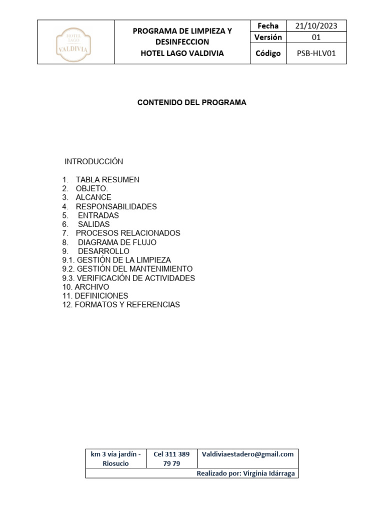 Programa de Limpieza y Deszinfeccion Hoptel Lago Valdivia | PDF | Hotel ...
