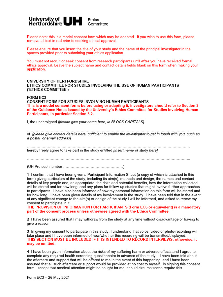 Model Consent Form for Research Studies | PDF | Institutional Review Board