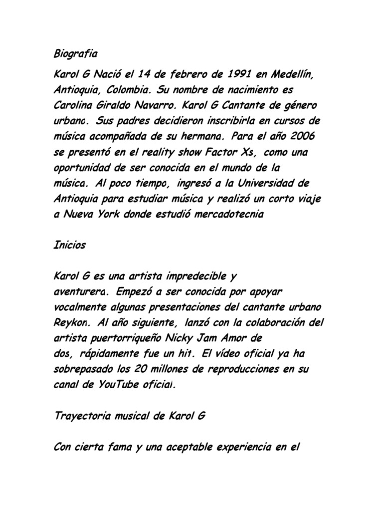 Biografía y Éxitos de Karol G | PDF | Arte