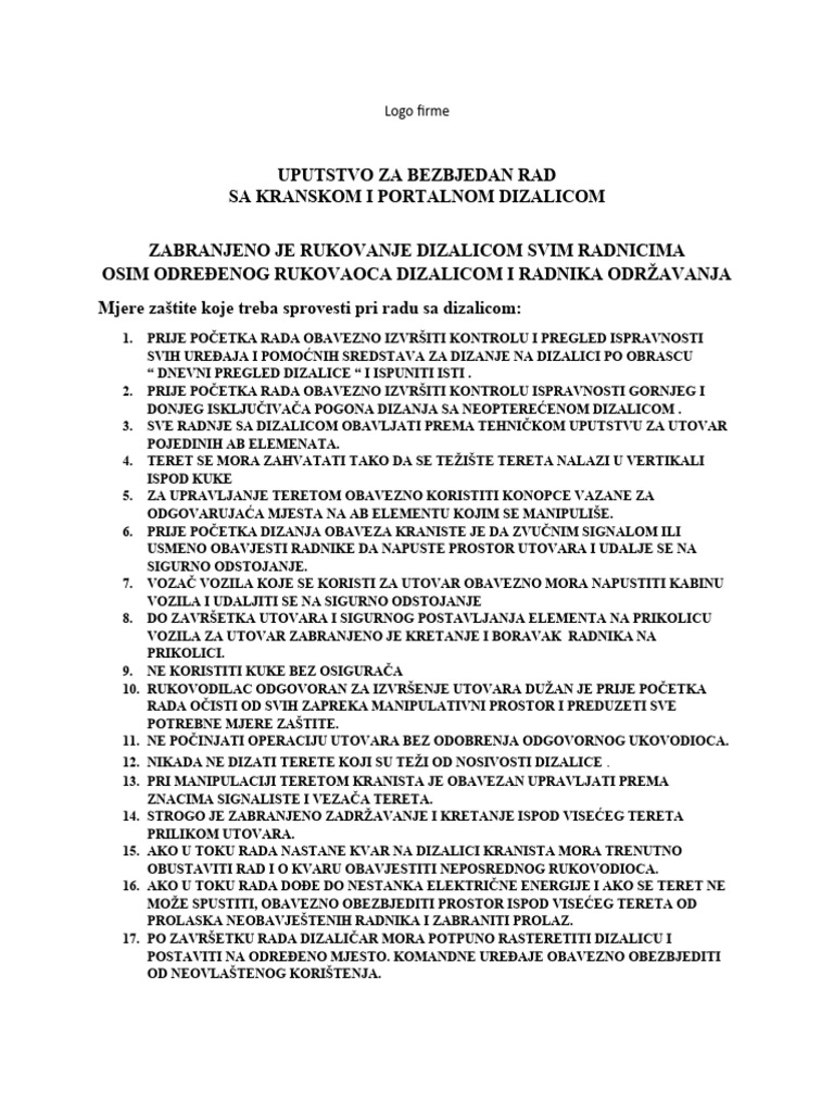 Uputstvo Za Bezbjedan Rad Sa Kranskom I Portalnom Dizalicom | PDF