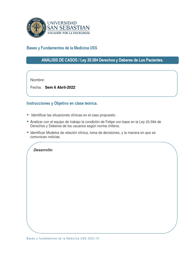 Bases y Fund. USS Caso Semana 6 Derechos y Deberes Ley 20584 | PDF
