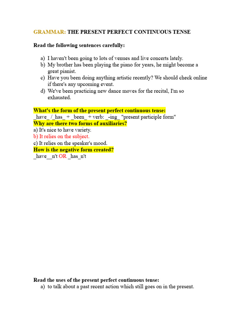 GRAMMAR. The Present Perfect Continuous | PDF | Grammatical Tense ...