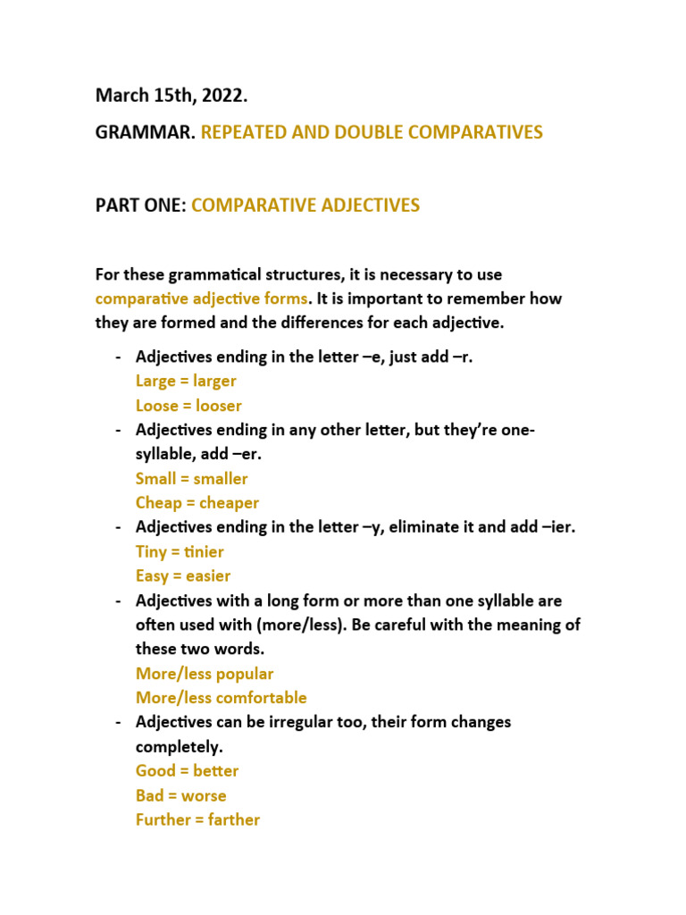 GRAMMAR. Repeated and Double Comparatives | PDF | Adjective | Noun